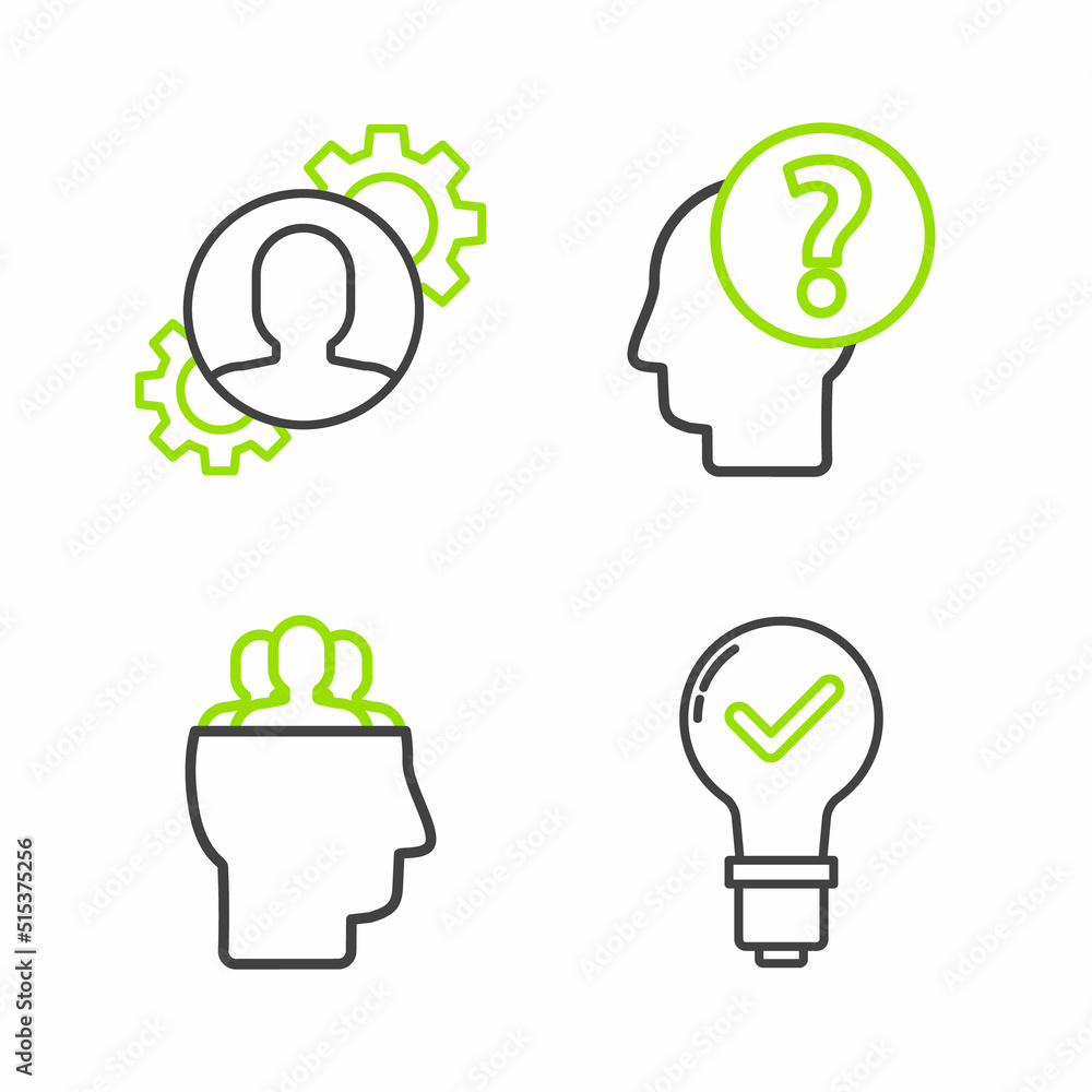 Set line Light bulb and check mark, Project team base, Human head with question and gear inside ...