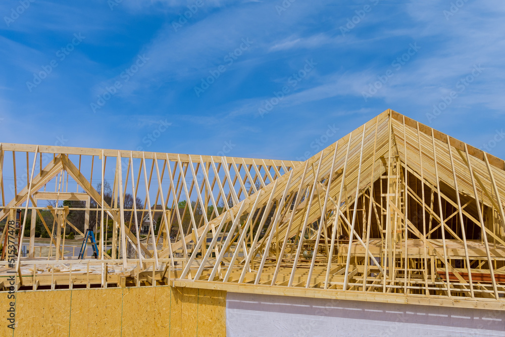 Aerial view of a newly built stick-built home with a timber beam ...