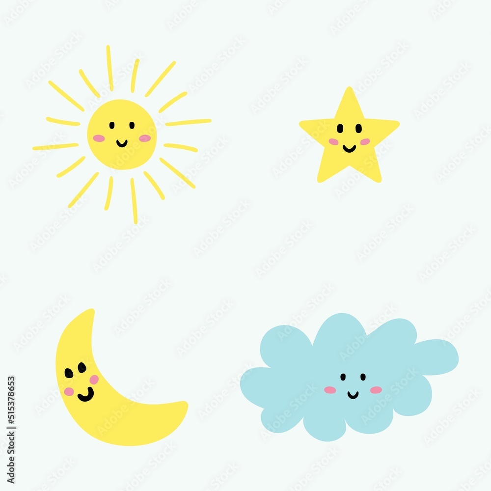 Cute smiling sun, moon, star and cloud. Collection of vector icons ...