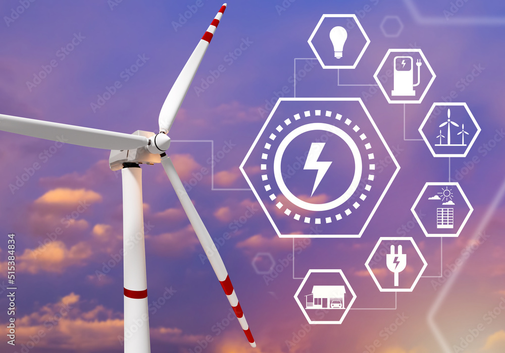 Ecological power plant. Windmill with green energy symbols. Wind ...