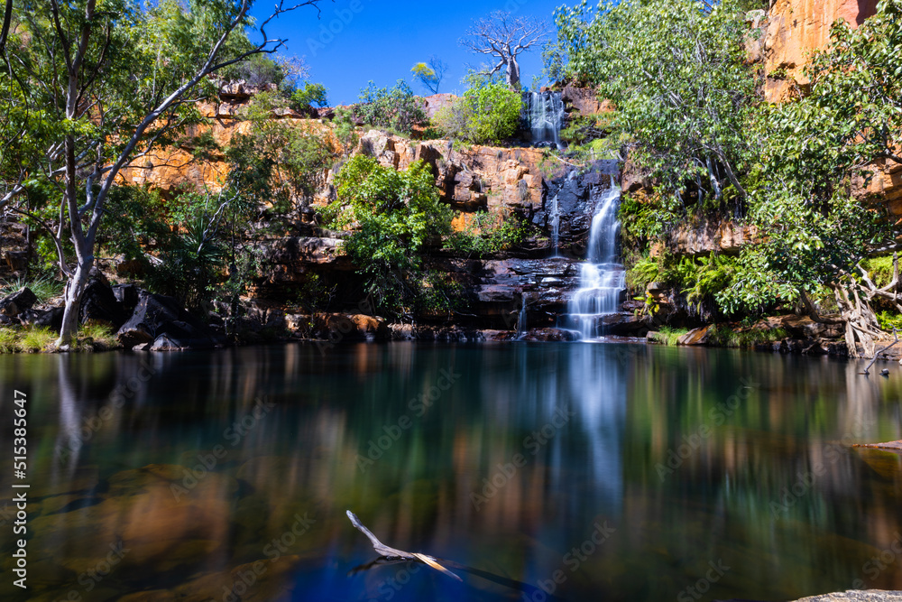 Idyllic Billabong with waterfall and Boab tree at Galvans Gorge in the ...