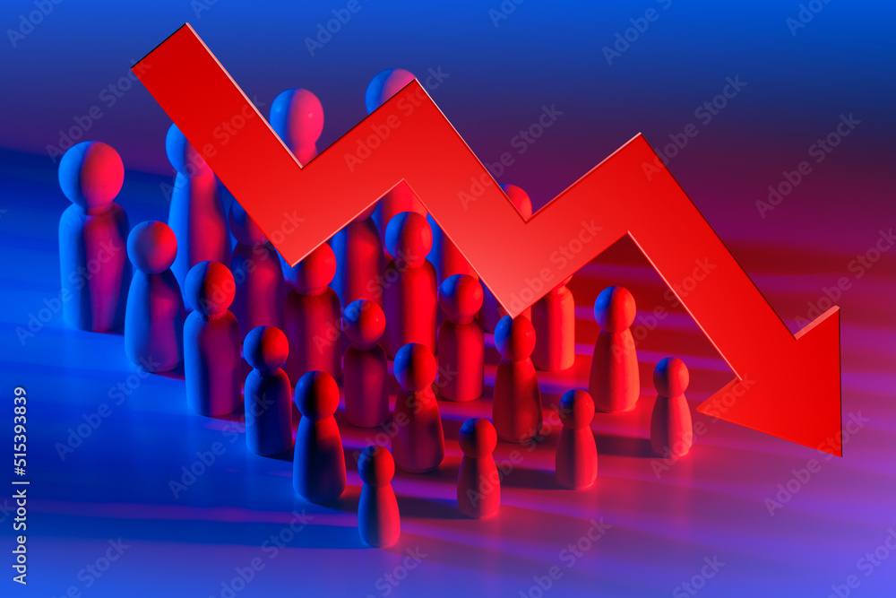 Red Arrow in front of little men. Graph symbolizes population decline ...