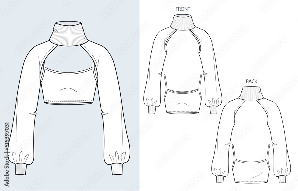 Girl's cropped Sweatshirt, Tank Top design fashion flat sketch template ...