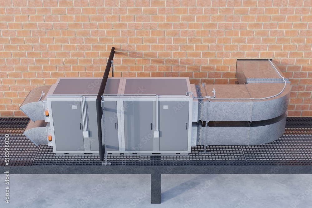 supply and exhaust ventilation unit on the background of a brick wall ...