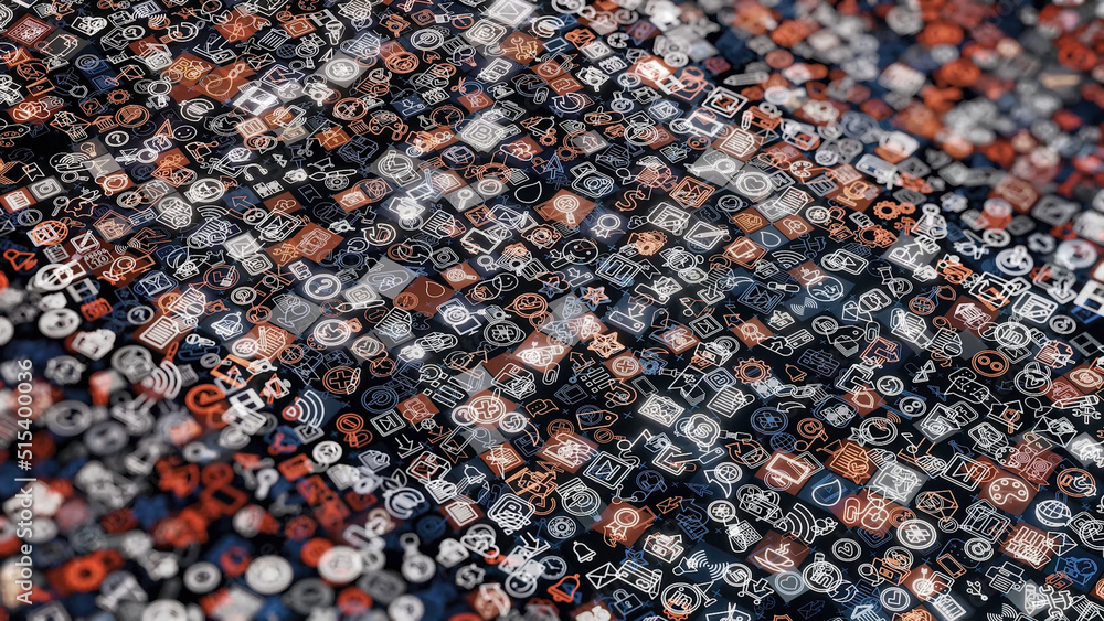 Close up view of endless number of small icons moving into opposite ...