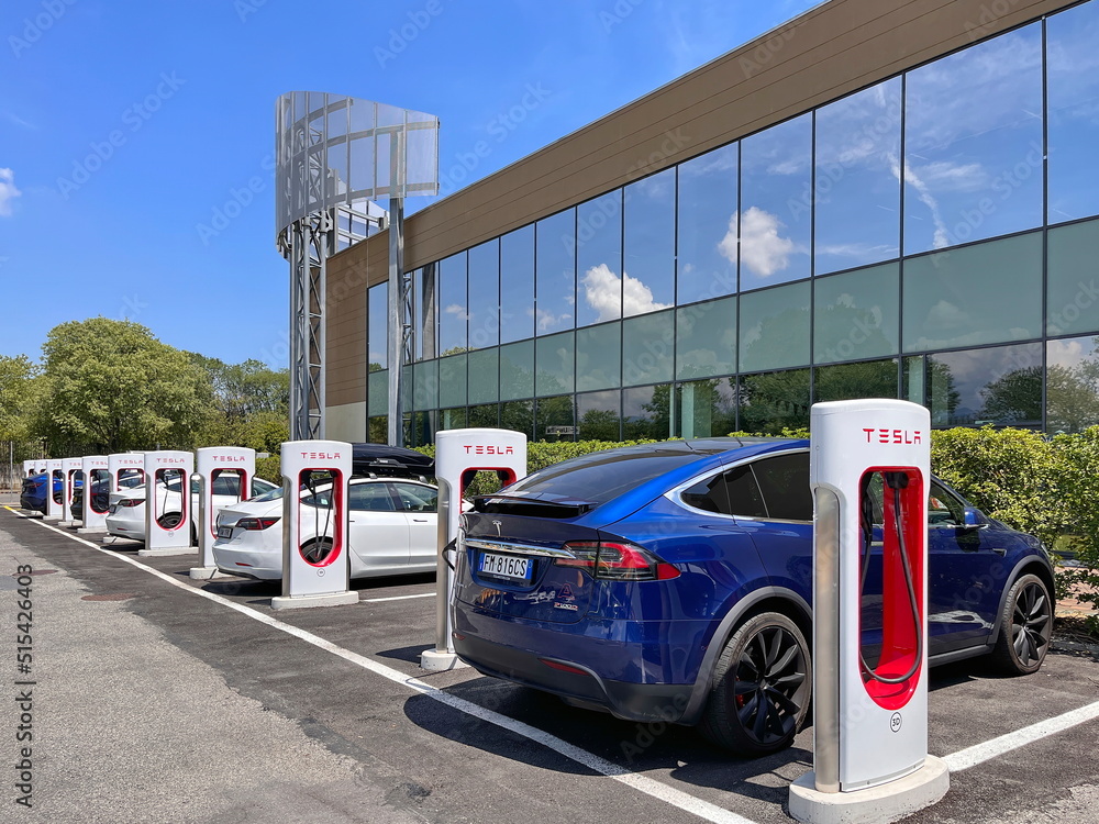 Tesla charging station to welcome electric car owners. Turin, Italy ...