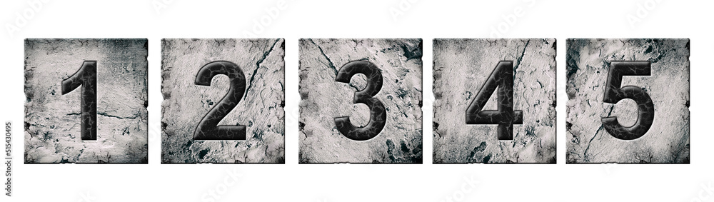Digits,1,2,3,4,5. Alphabet on stone blocks. Isolated on white ...