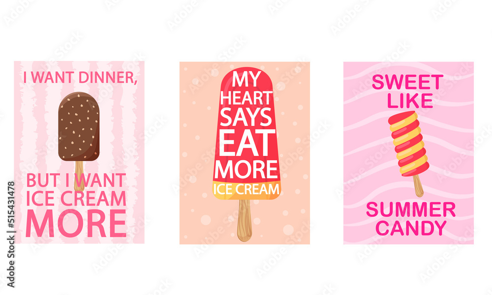 Sweets flyers set. ice cream, macaroons vector with text. Food and ...