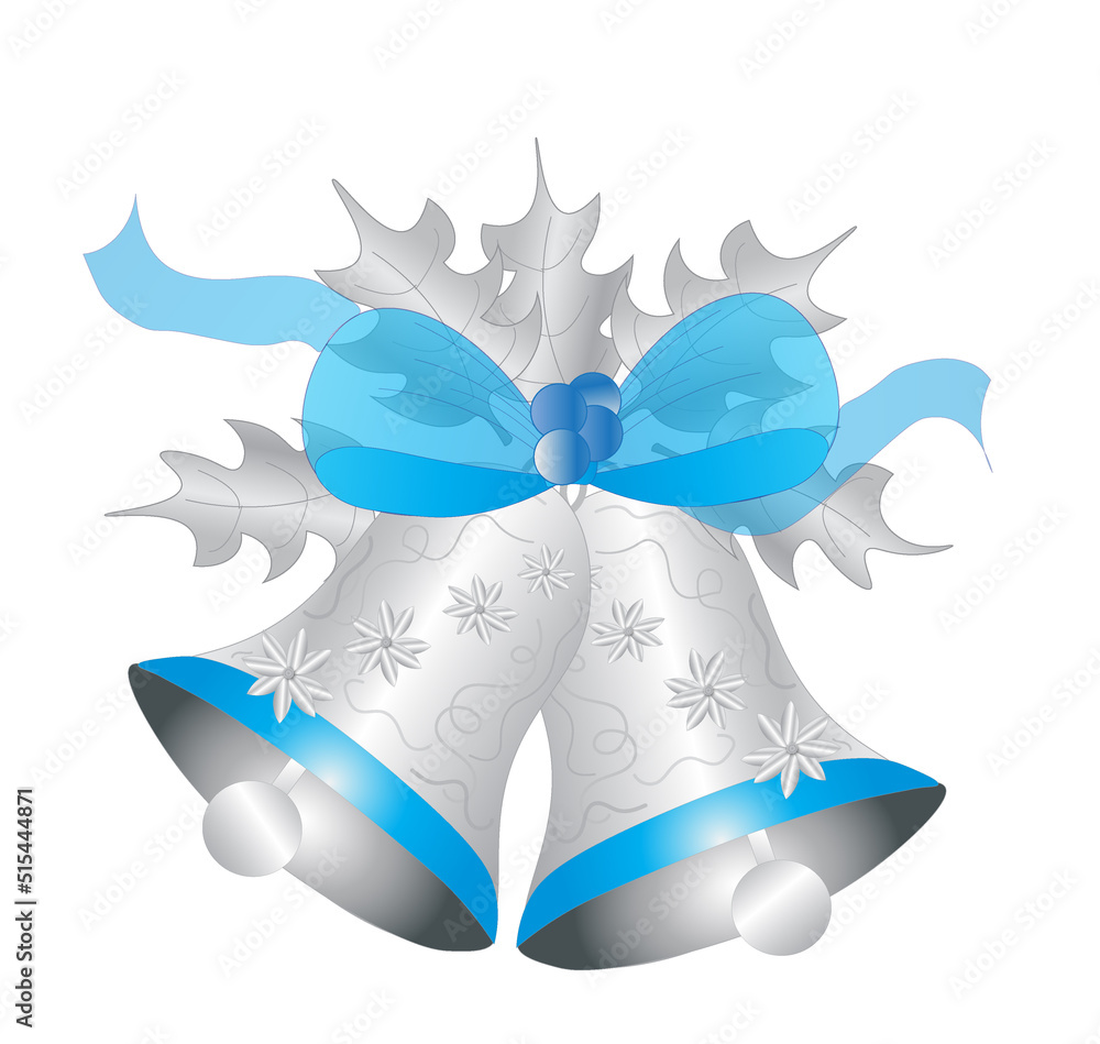 Silver and blue Christmas Bells with blue ribbon. Two images, one with ...