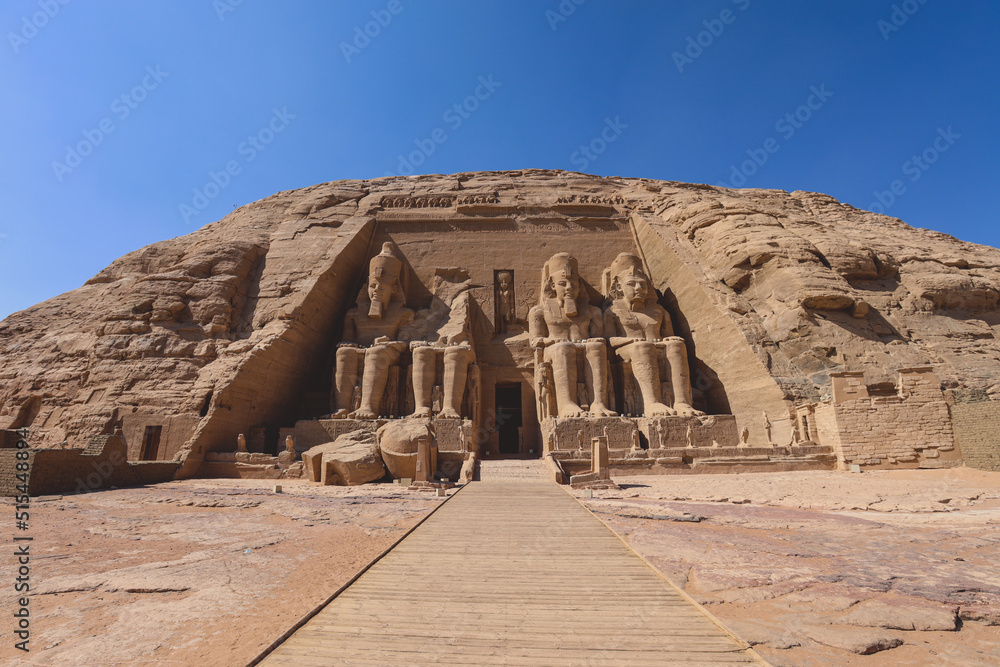 The main view of an Entrance to the Great Temple at Abu Simbel with ...