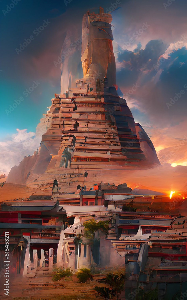 fantasy temple and sky with clouds, illustration, digital painting ...