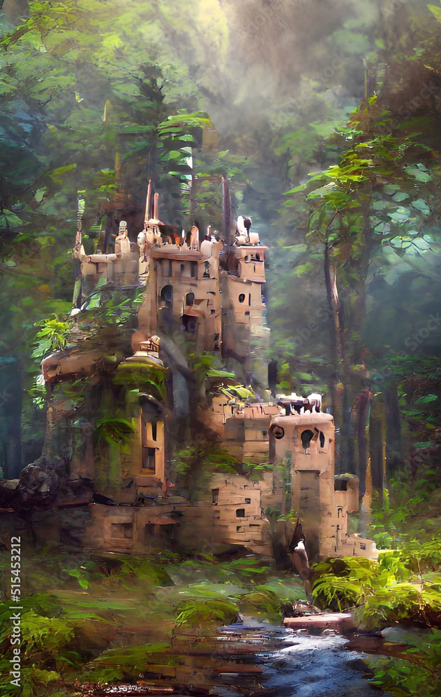 old castle in the forest, digital painting Stock Illustration | Adobe Stock