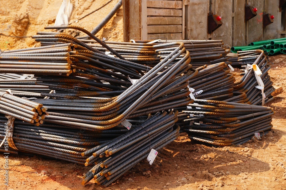 Reinforcement iron is ready for assembly at a construction site. Stock ...