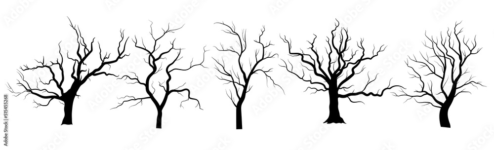 Set of dead tree silhouettes. Black trees without leaves. Halloween ...
