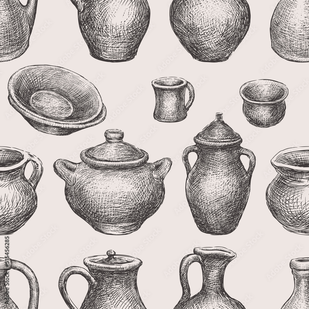 Seamless background of collection clayware sketches Stock Vector ...