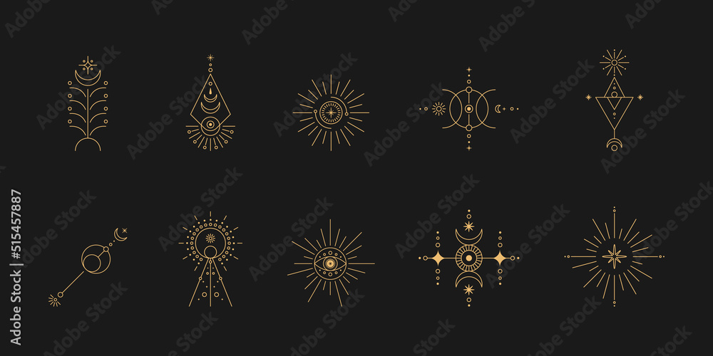 Set of moon and sun line art. Minimal boho linear symbols. Celestial ...
