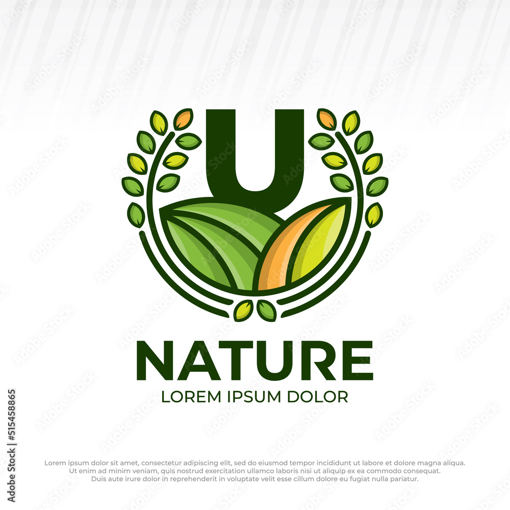 letter initial U eco green farm circle logo vector vintage icon, flat ...