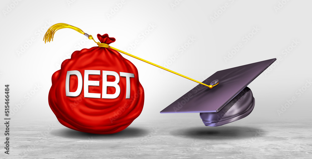 College debt and student financial concept as a graduation mortar board ...