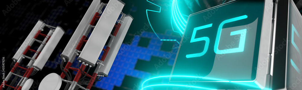 5g network concept. Cell towers next to the inscription 4g. 3d render ...