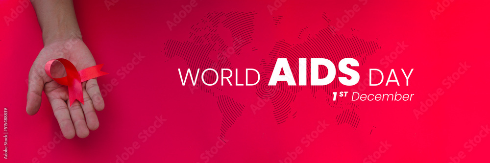 World AIDS Day Background with abstract world map and Hand holding a ...