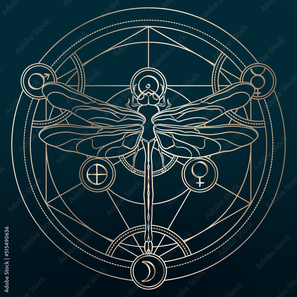 Hand drawn golden dragonfly with alchemy circle and symbols. Mystical ...