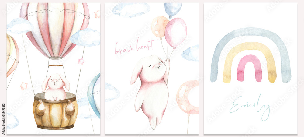 Cute watercolor set of flying bunny air balloon illustration,boho ...