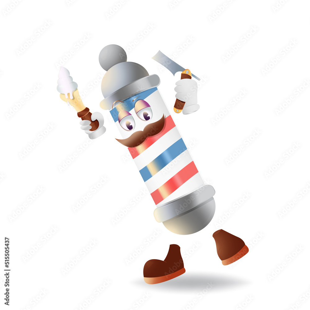 Barber pole character with mustache. In the hands of a brush with foam ...