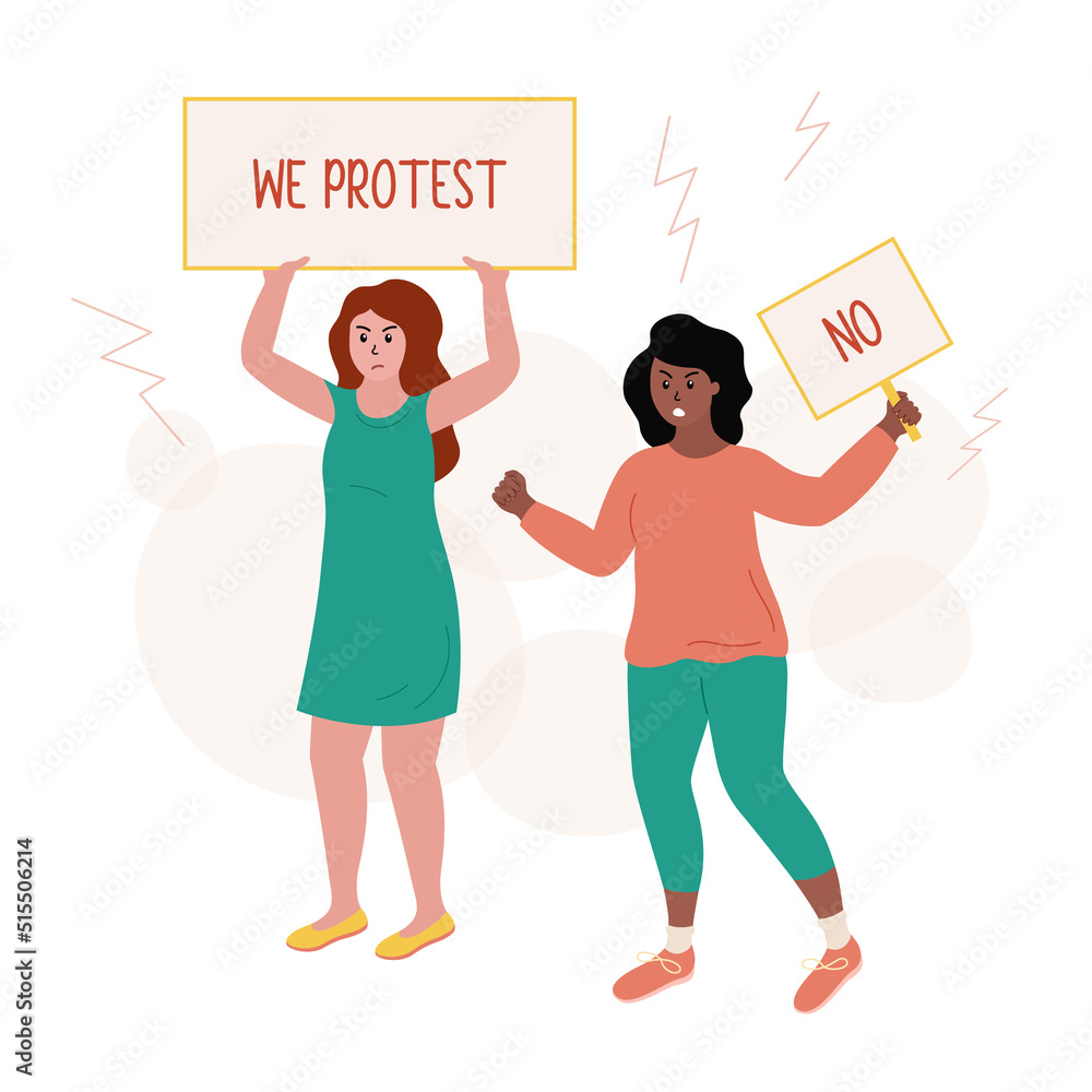 Women protest. Demonstration with placards. Angry girls holding protest ...