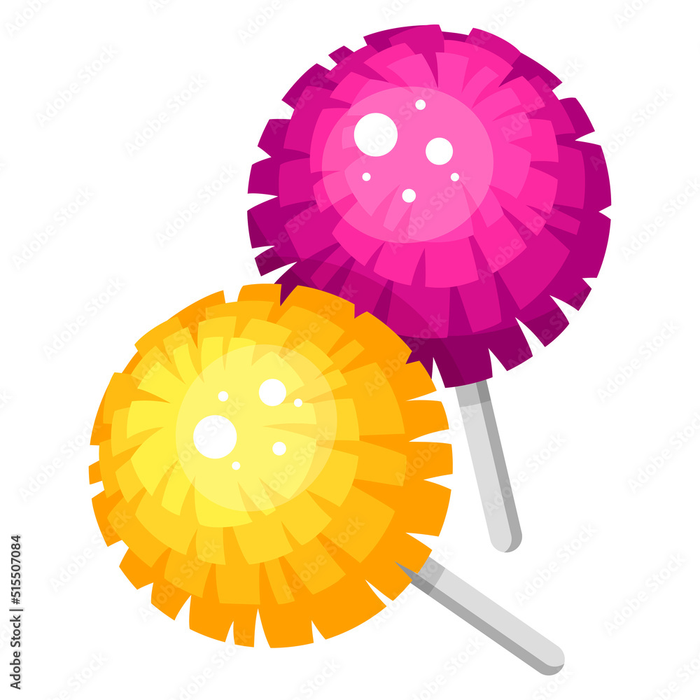 Cheerleaders yellow and purple pom poms on stick vector illustration ...