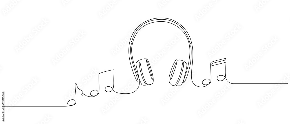 Continuous one line drawing of headphones with music notes. Headset ...
