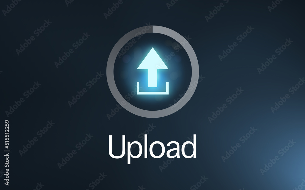 illustrated glowing upload arrow icon with loading circle in front a ...