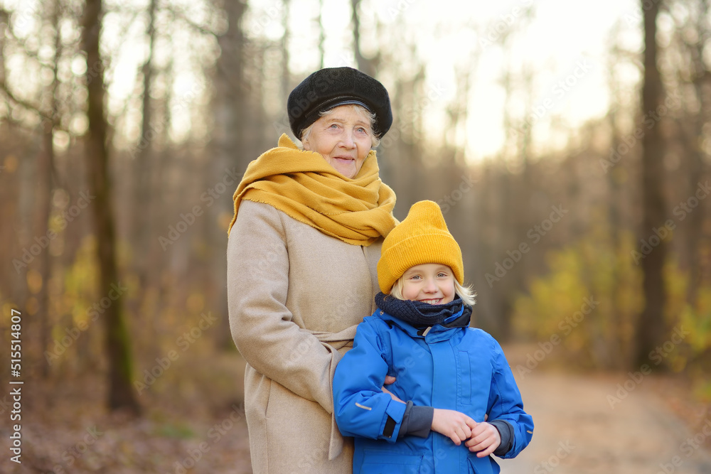 Little grandson and elderly grandmother during walking in autumn park ...