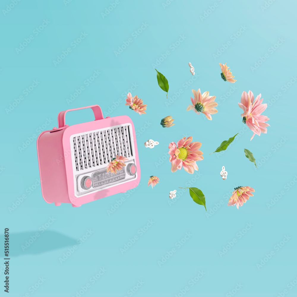 Old pink vintage retro style radio receiver with colorful summer ...
