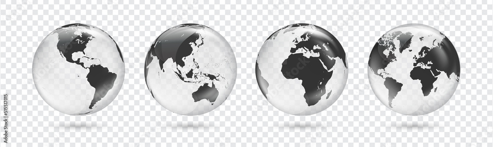 Set of transparent globes of Earth. Realistic world map in globe shape ...