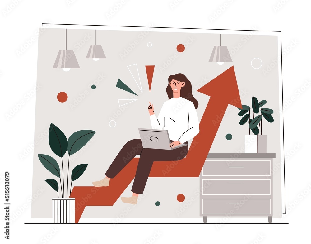 Woman working with laptop. Girl in workplace, remote employee or ...