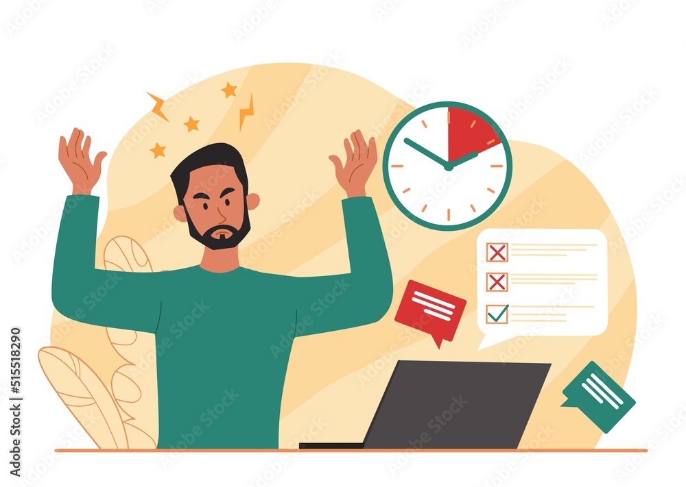 Deadline work concept. Man at laptop does not have time to turn in work ...