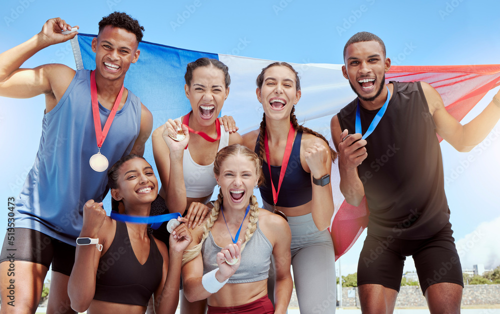 Happy and proud French olympic athletes celebrating winning medals for ...