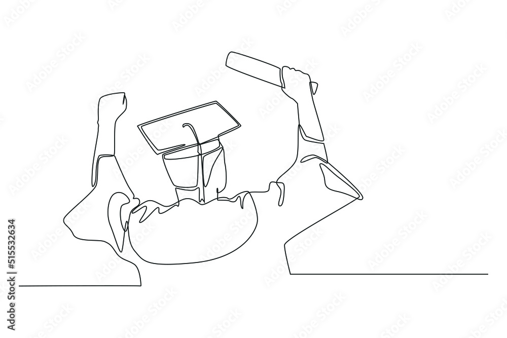 Continuous one line drawing back view of graduate student wear ...
