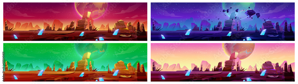Alien planet landscape day, night, morning and evening time set. Cosmic ...