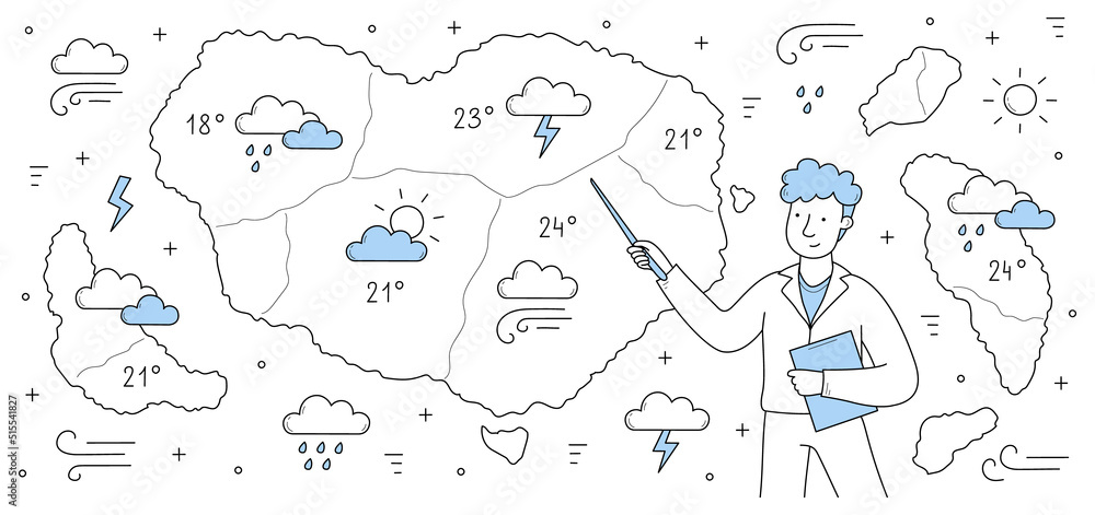 Meteorological report, weather forecast doodle concept. Tv presenter ...
