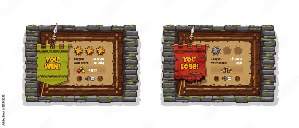 Game win and lose banners with stone brick frame and wooden board ...