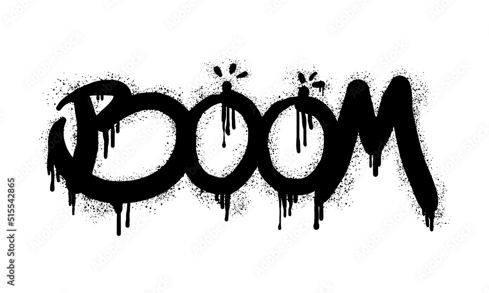 Set of Spray painted graffiti Boom word in black over white. Boom drip ...