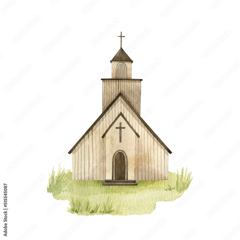 Watercolor hand drawn church chapel illustration. Hand drawn religious ...