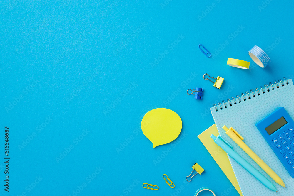 Back to school concept. Top view photo of blue and yellow school ...