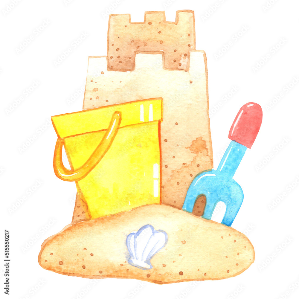 sand toys for the beach set with sand tower watercolor illustration for ...