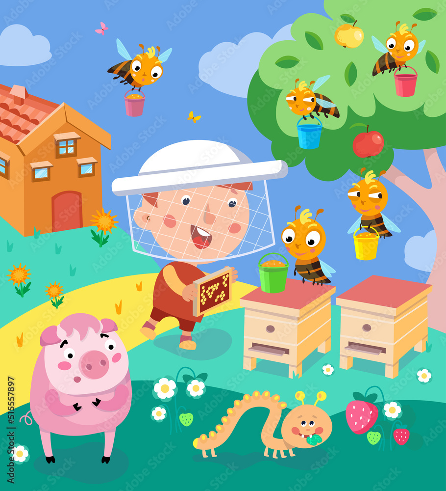 Cute beekeeper and bees near the beehive. Vector color illustration in ...