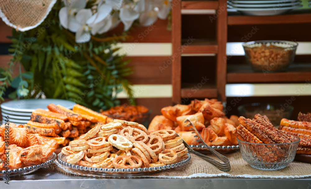Pastry and bakery snack bar at a party. Delicious finger food for the ...