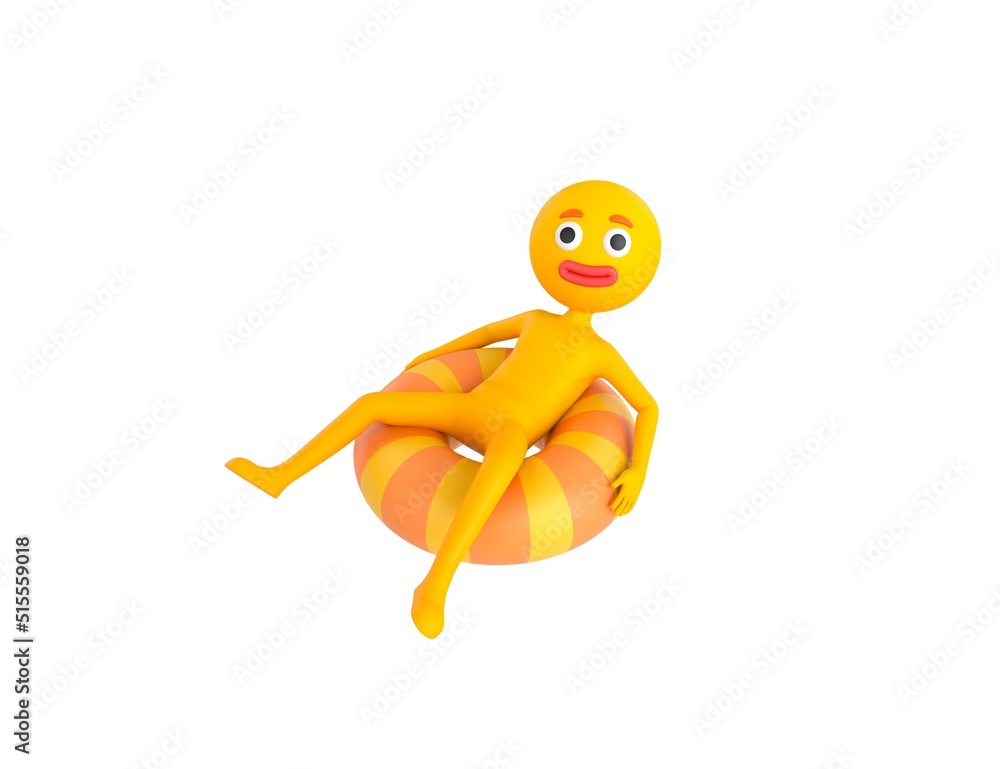 Yellow Man character sitting on the inflatable ring in 3d rendering ...