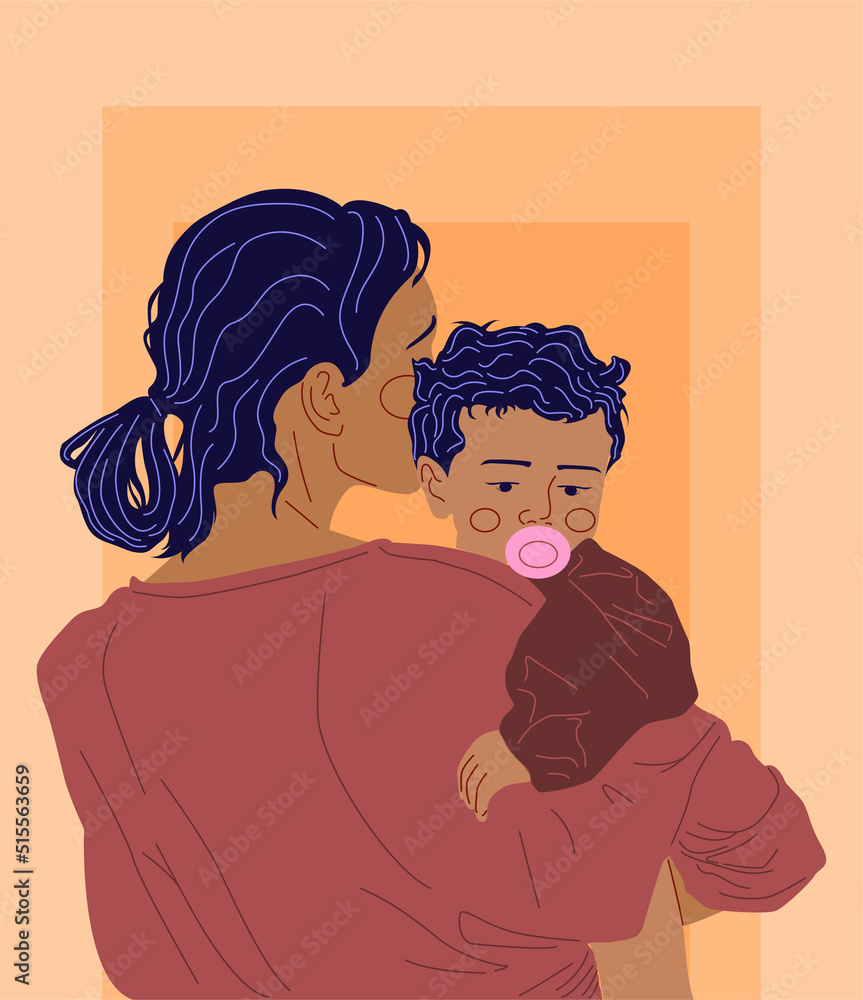 Cute little boy being carried by his mother. Mom hugs her little son ...