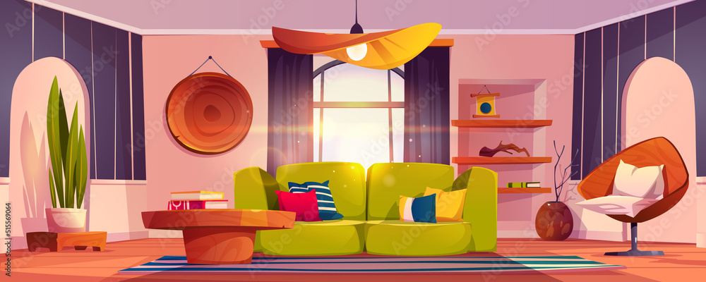 Living room interior with sofa, armchair, bookshelves and potted plant ...